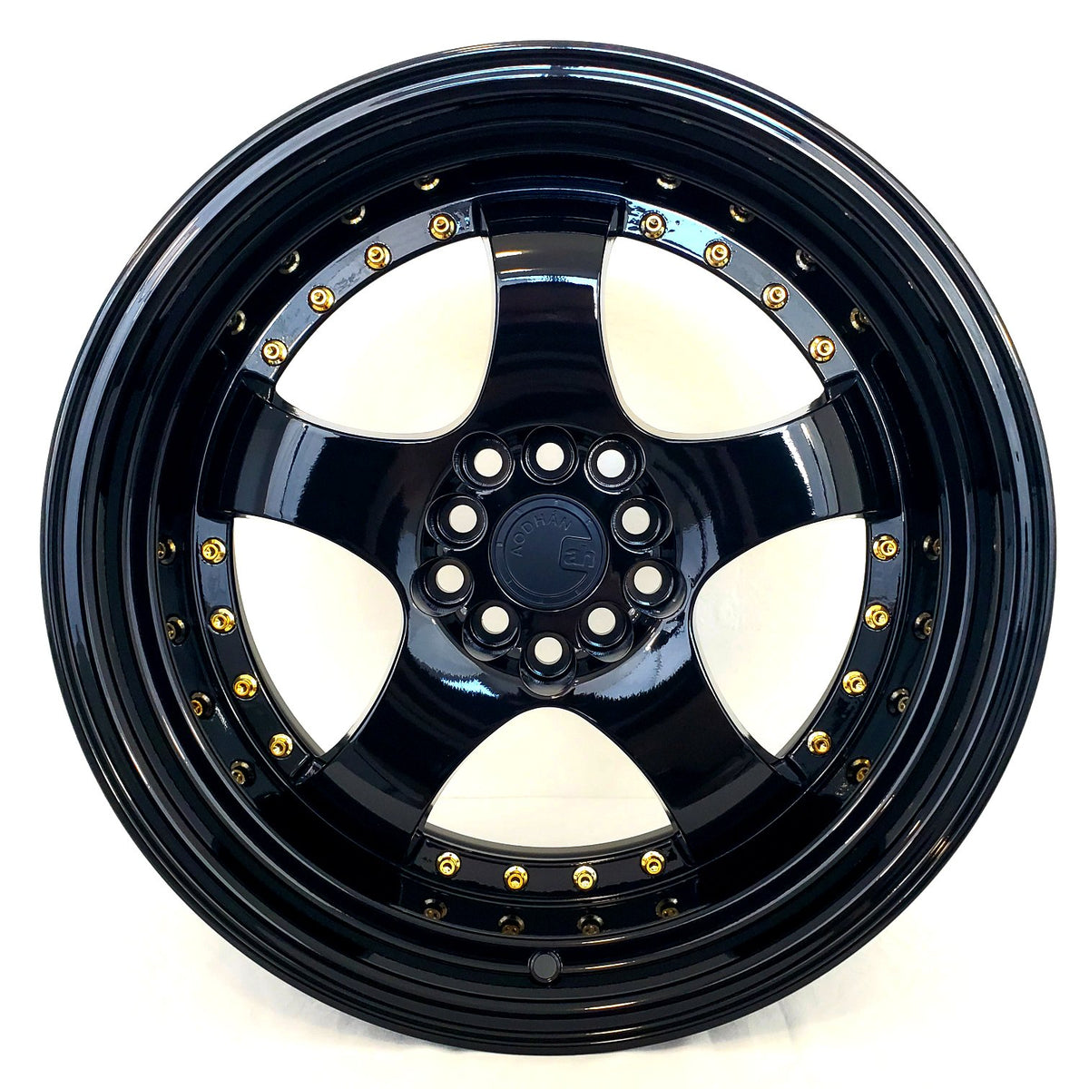 Aodhán Wheels - AH03 Gloss Black Gold Rivets 17x9 – VID Wheels